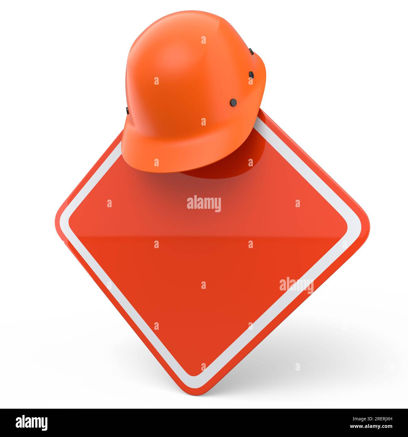 Safety helmet or hard hat on road traffic sign isolated on white ...