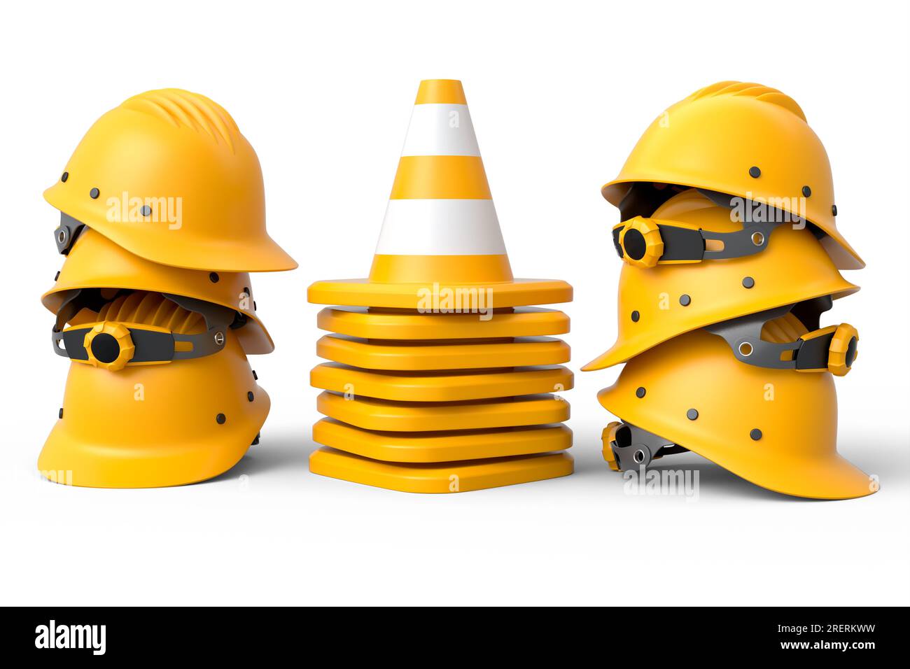 Stack of safety helmets or hard hats and traffic cones for under ...