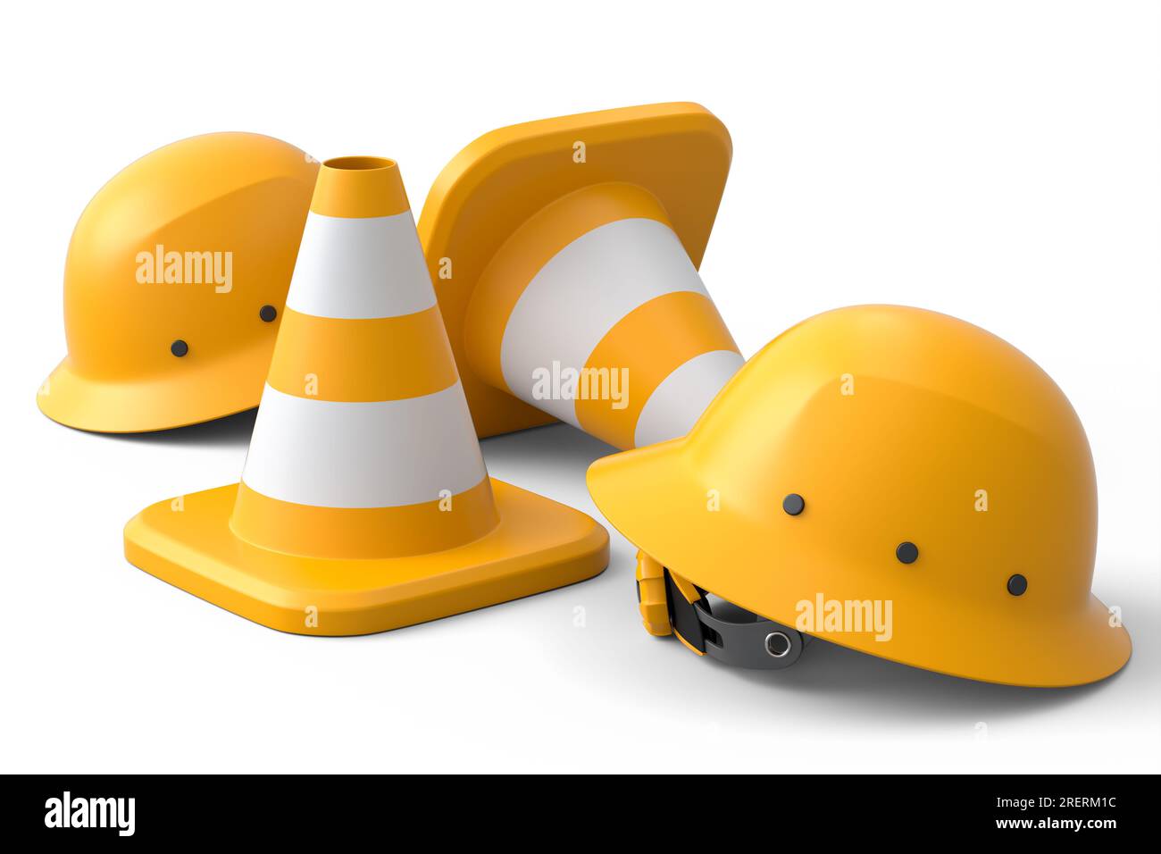 Set of safety helmets or hard hats and traffic cones for under ...