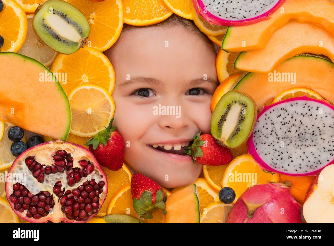 Healthy food background. Studio photo of different fruits with happy ...