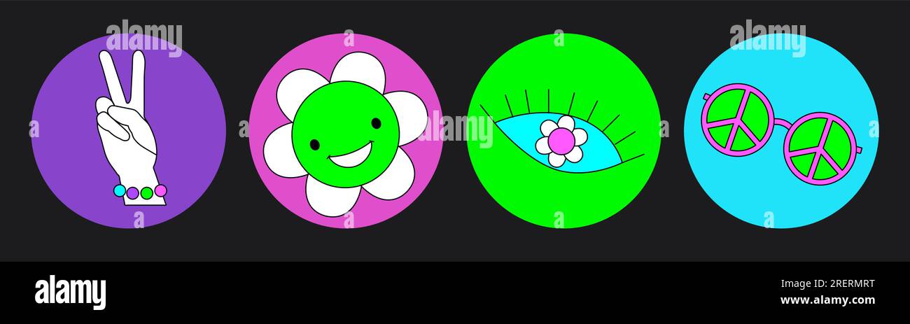 Groovy hippie circle sticker 70s set. Funny cartoon bright neon colors ...