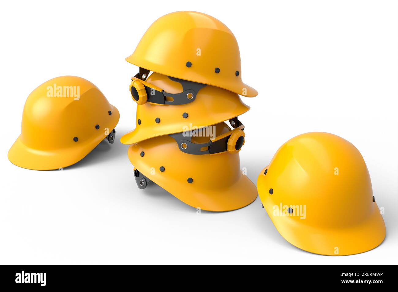 Stack of safety helmets or hard caps on white background. 3d render and ...