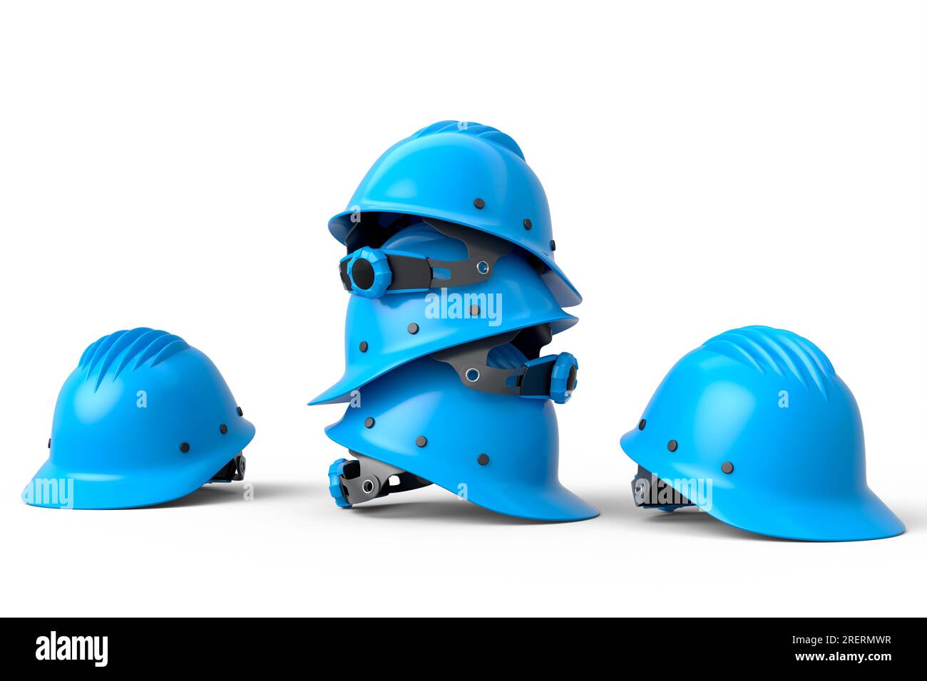Stack of safety helmets or hard caps on white background. 3d render and ...