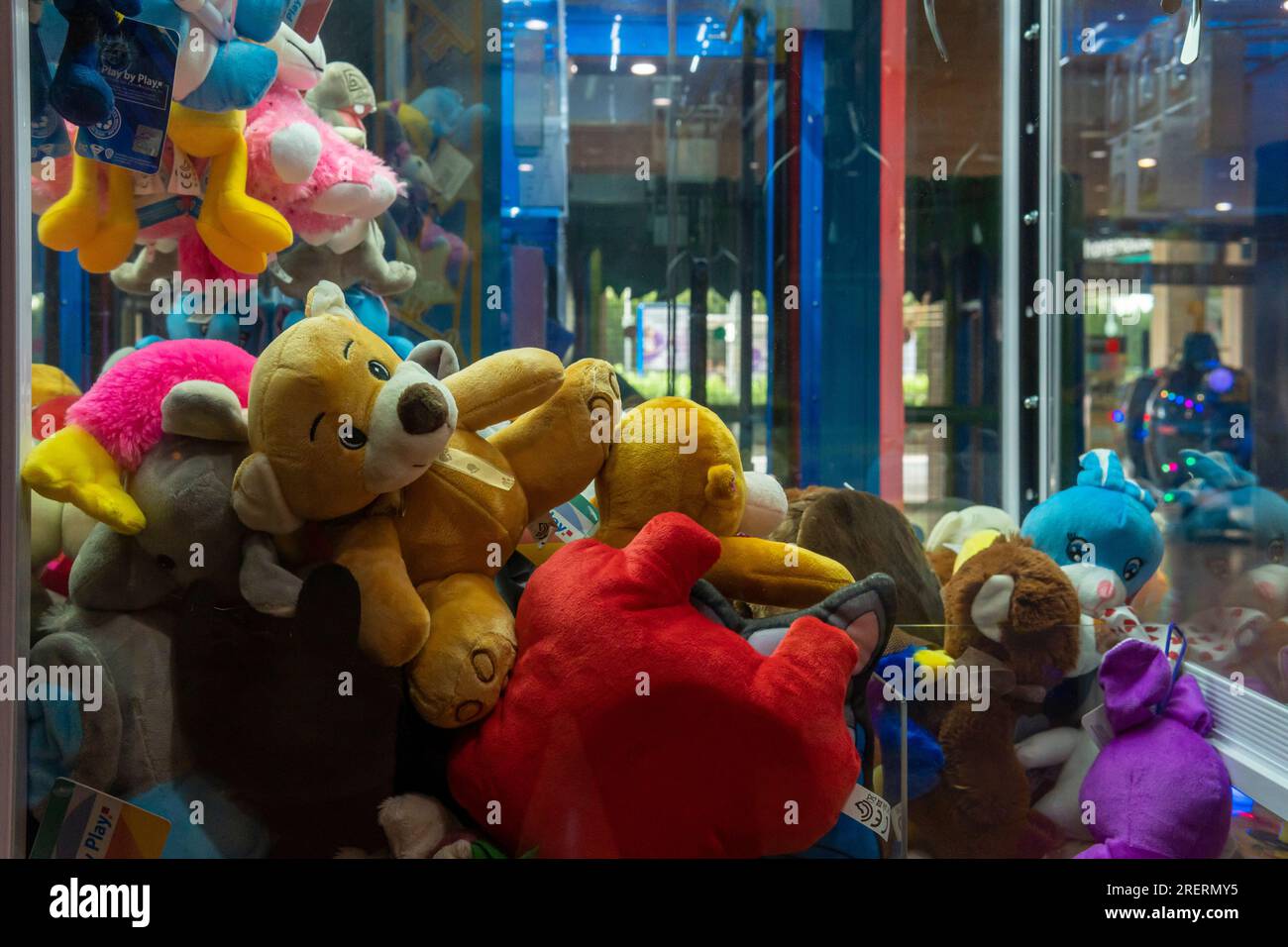 Manacor, Spain; july 21 2023: Stuffed animals inside a vending machine ...