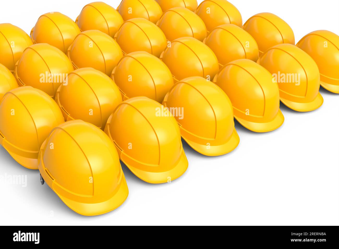 Set of safety helmets or hard caps for carpentry work in row on white ...