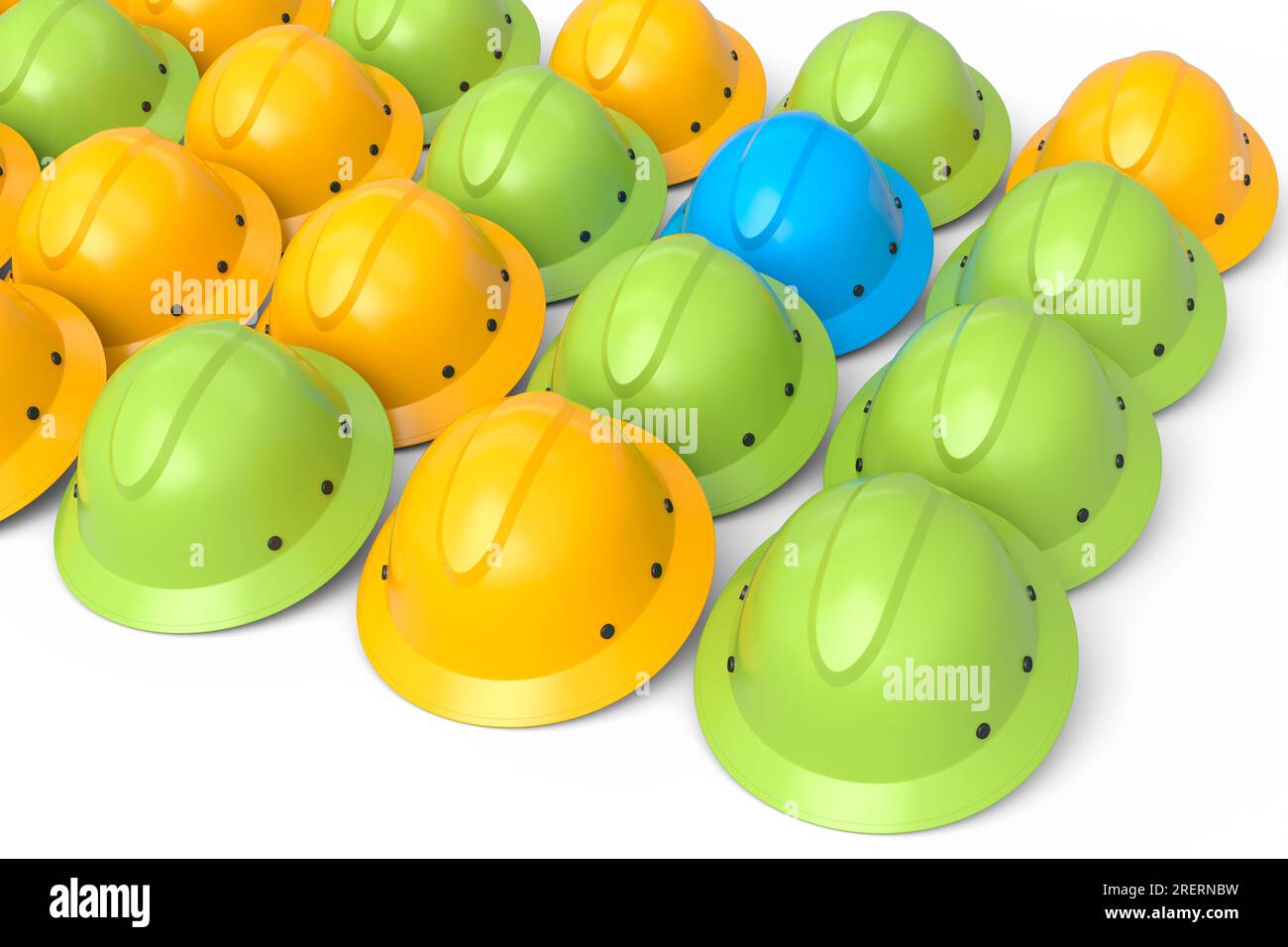 Set of safety helmets or hard caps for carpentry work in row on white ...