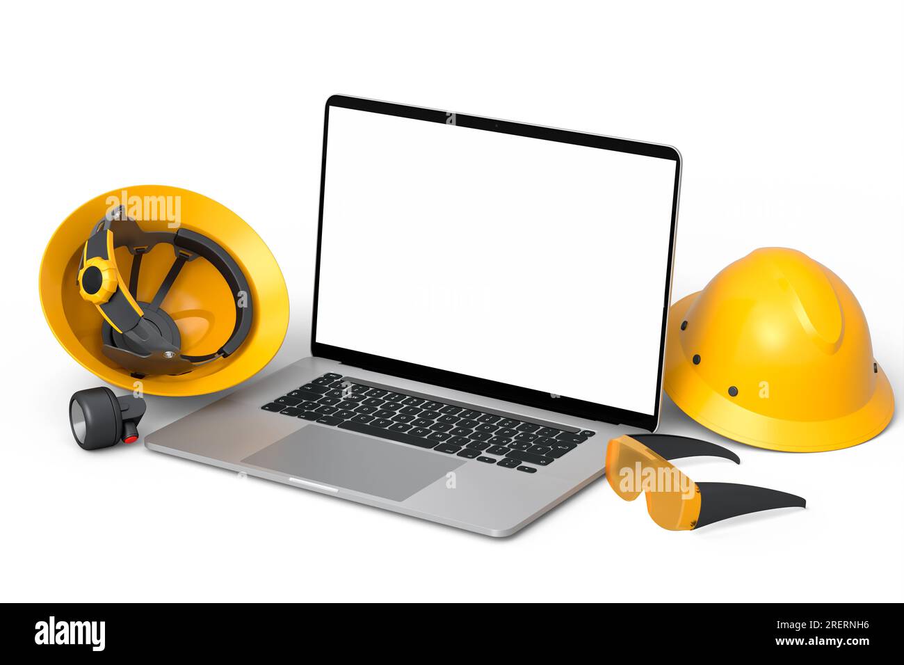 Set of safety helmets or hard caps, goggles and laptop for carpentry ...