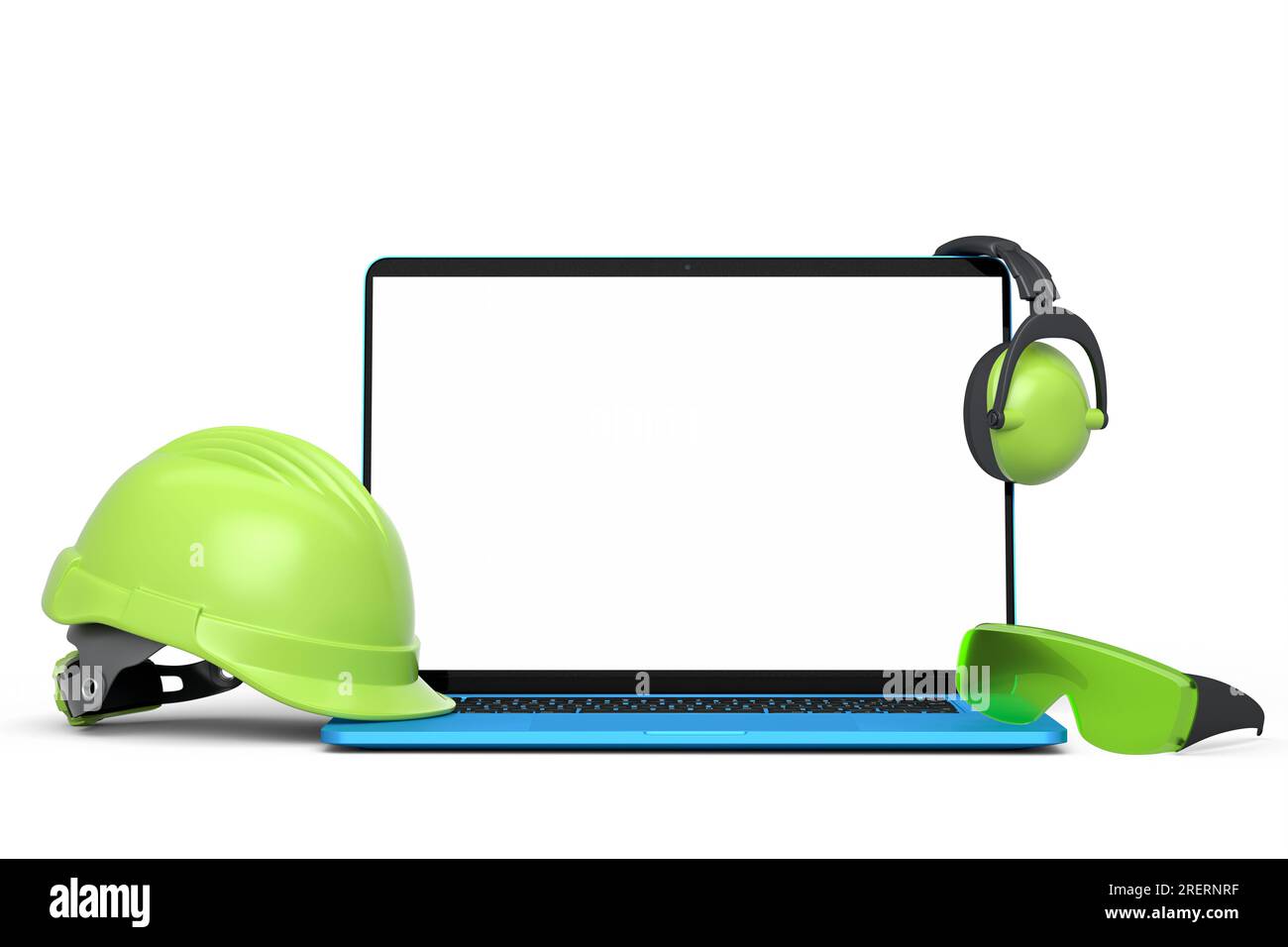 Set of safety helmets or hard caps, headphones and laptop for carpentry ...