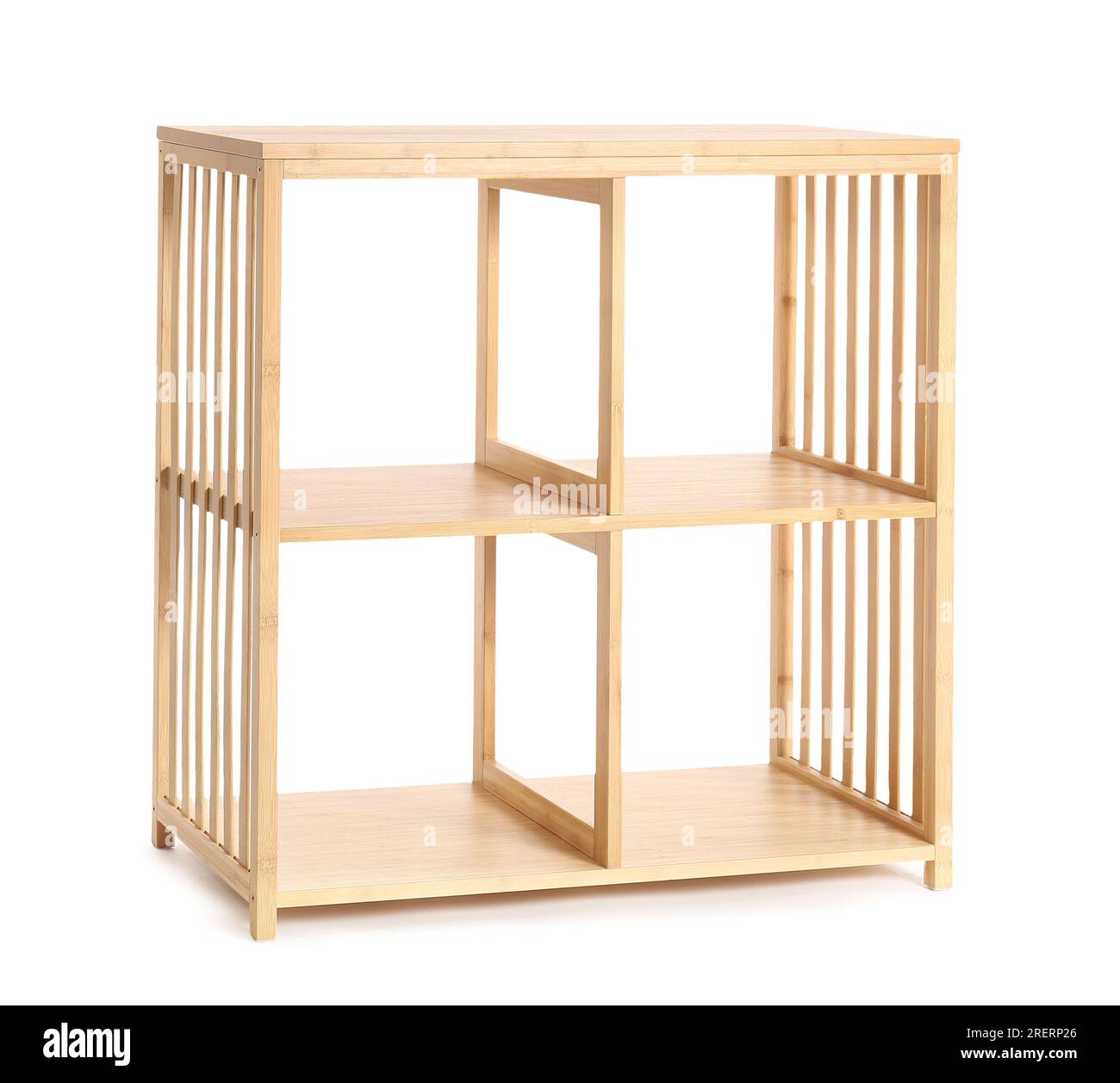 Stylish wooden shelving unit on white background Stock Photo - Alamy