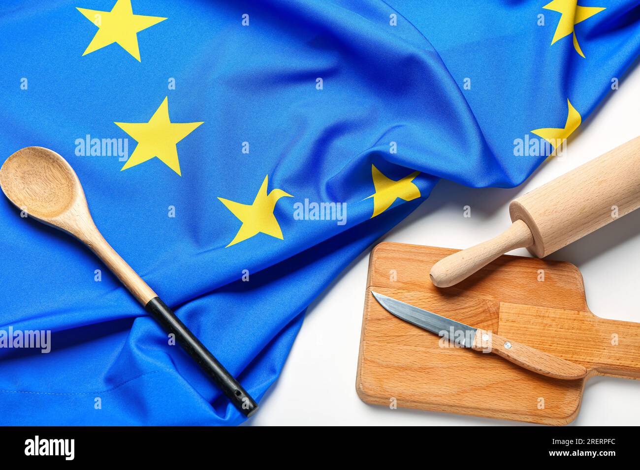 Flag of European Union with kitchen utensils on white background Stock ...