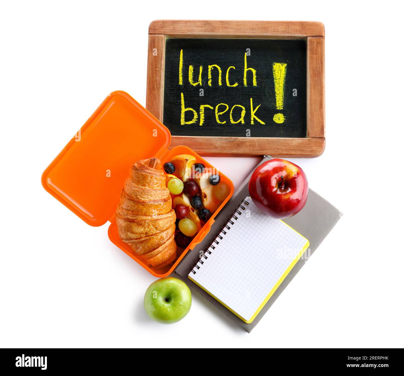 Stationery, blackboard with text LUNCH BREAK and delicious food in ...