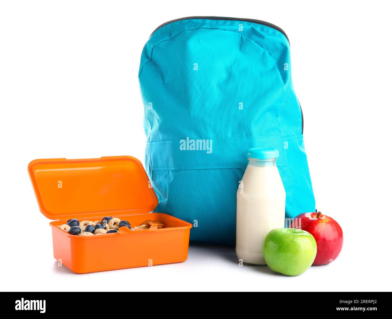 Backpack, bottle of milk and lunchbox with delicious food isolated on ...