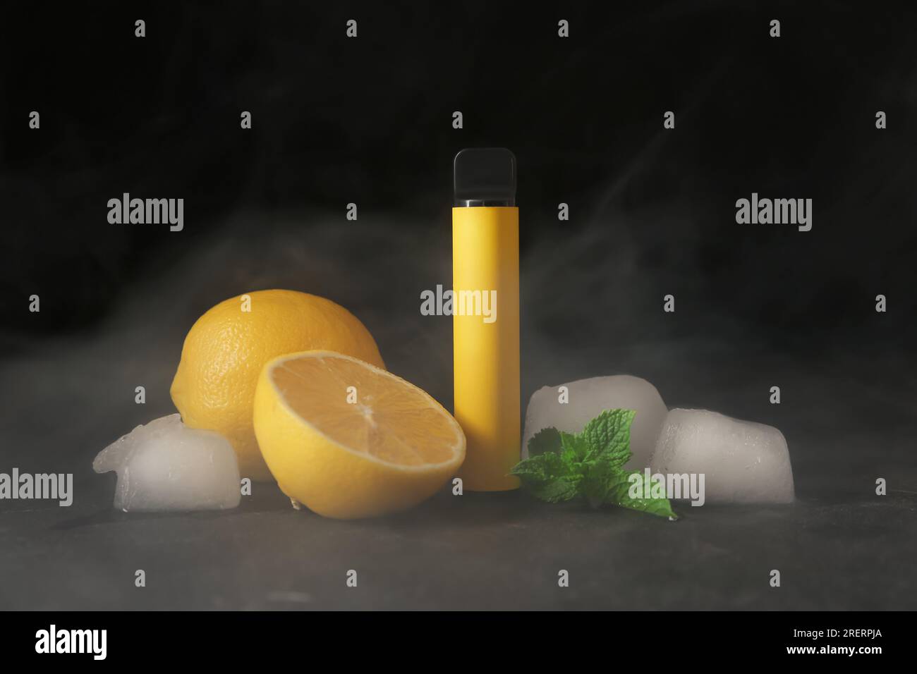 Electronic cigarette with lemon, ice cubes and smoke on black ...