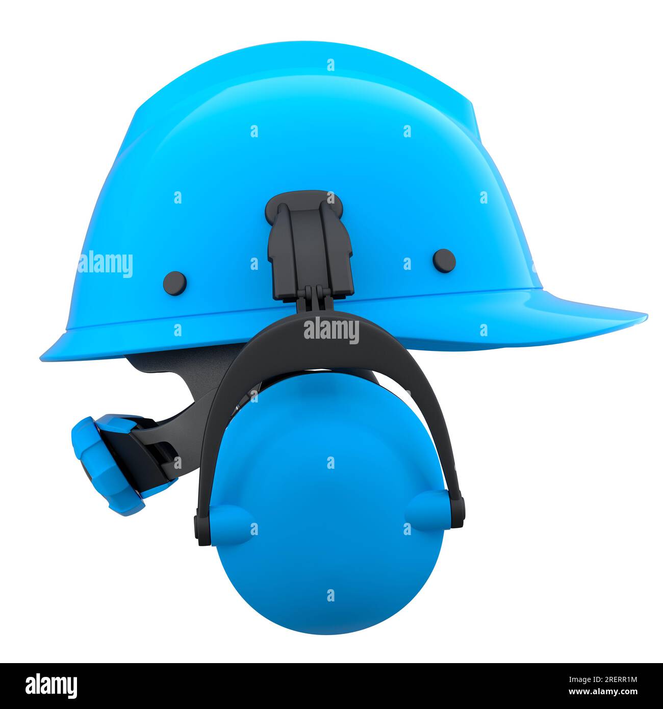 Blue safety helmet or hard cap and earphones muffs isolated on white ...