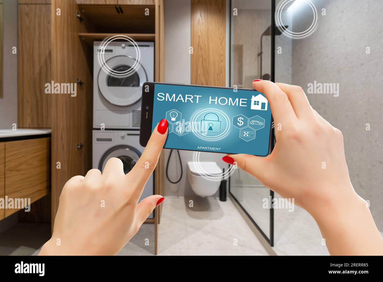 Smart home technology interface on smartphone app screen with augmented ...