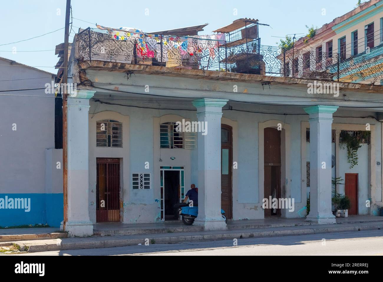 Havana, Cuba, Clothesline drying textile items in the rooftop of a ...