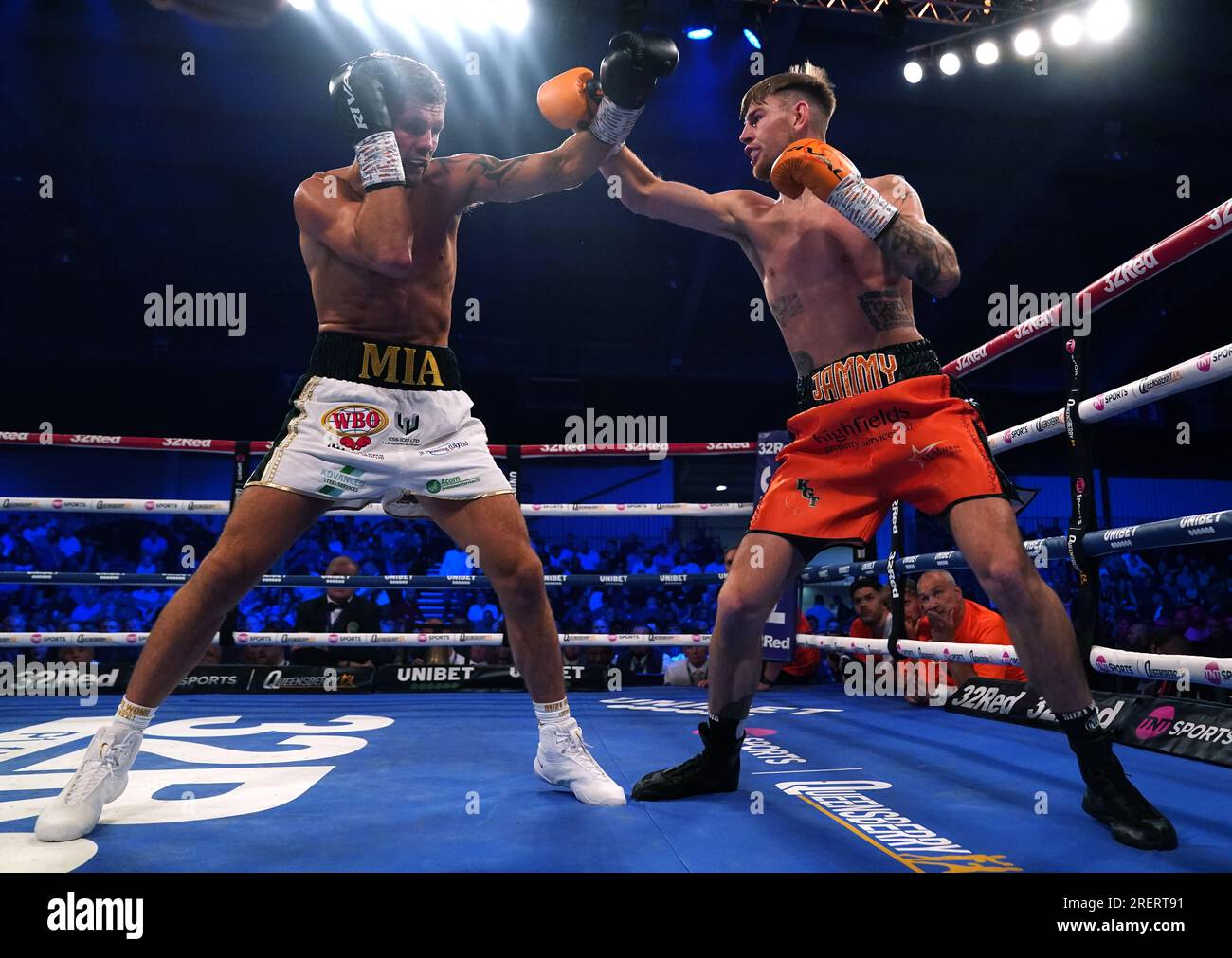 James Moorcroft (left) and Eithan James in the WBO European Welter ...