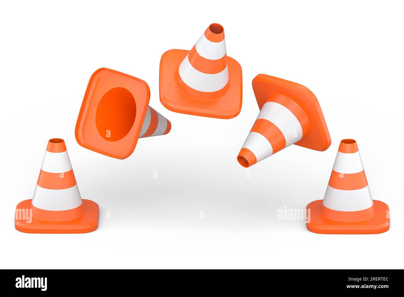 Set of traffic cones for under construction road work on white ...