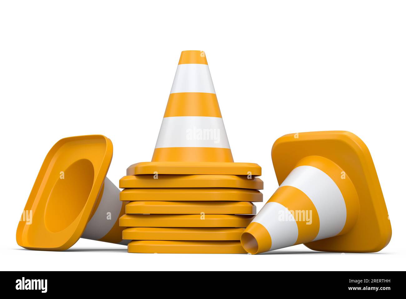 Set of traffic cones for under construction road work on white ...
