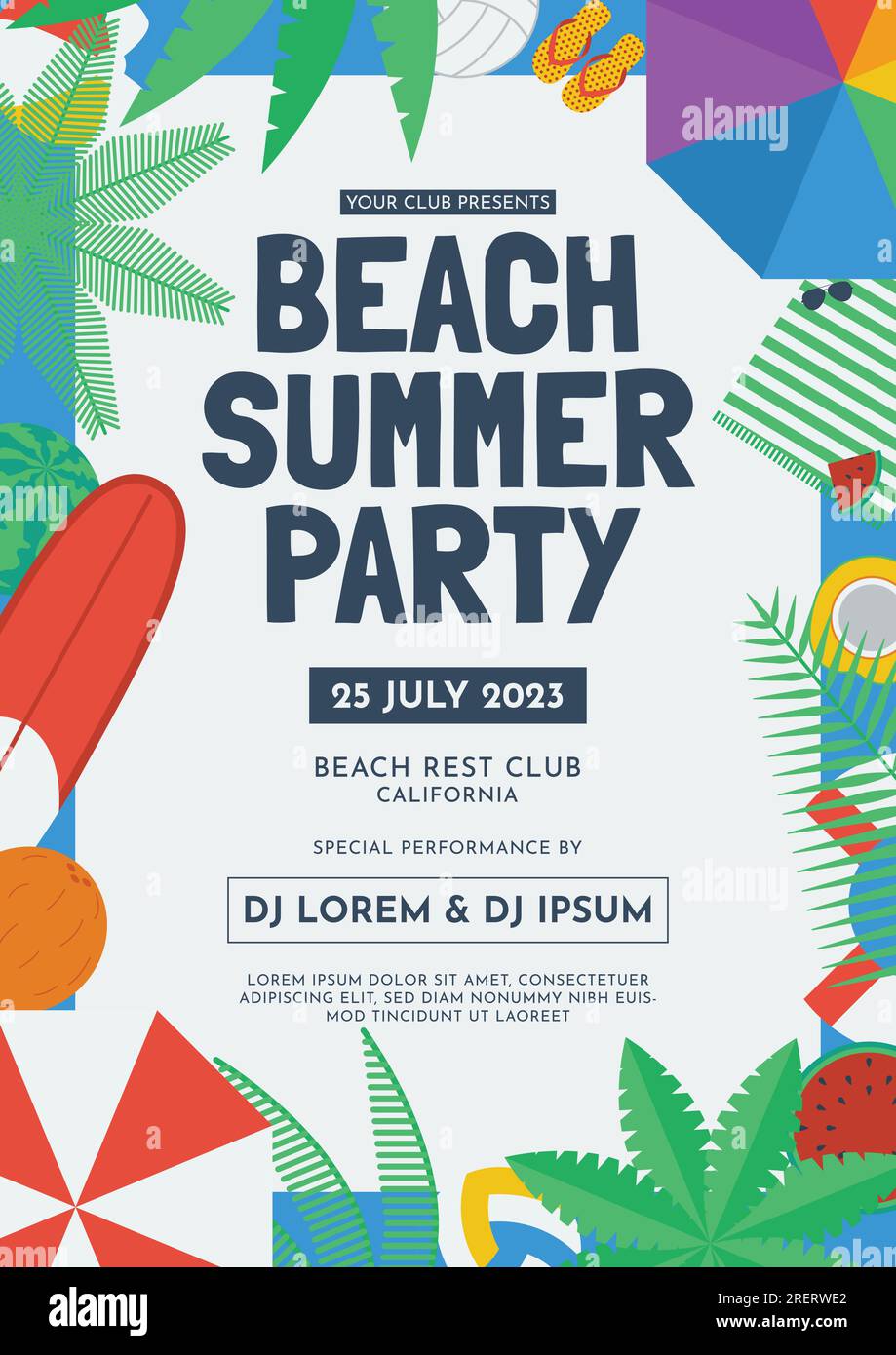 beach summer party flat design flyer for live music with lot elements ...