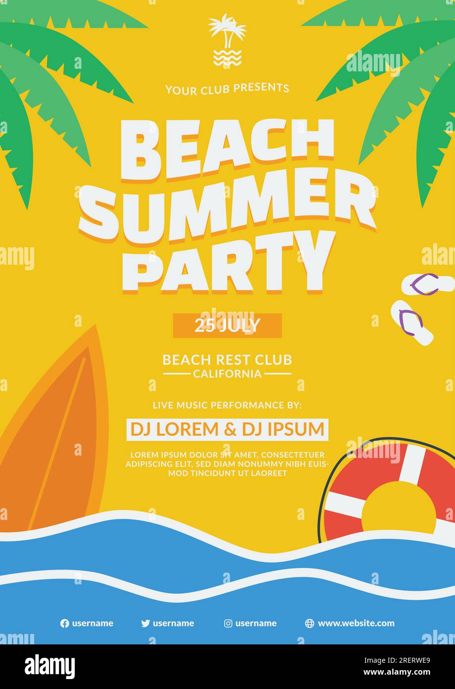 beach summer party flat design flyer on sunny day and sea wave elements ...