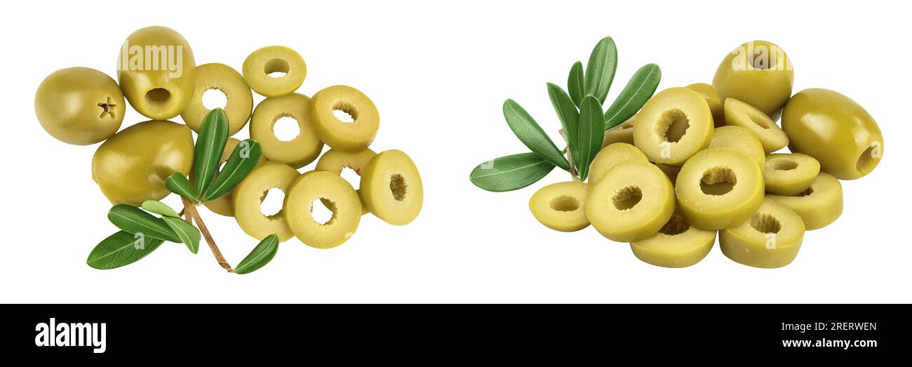 Green olives with leaves isolated on a white background with full depth ...
