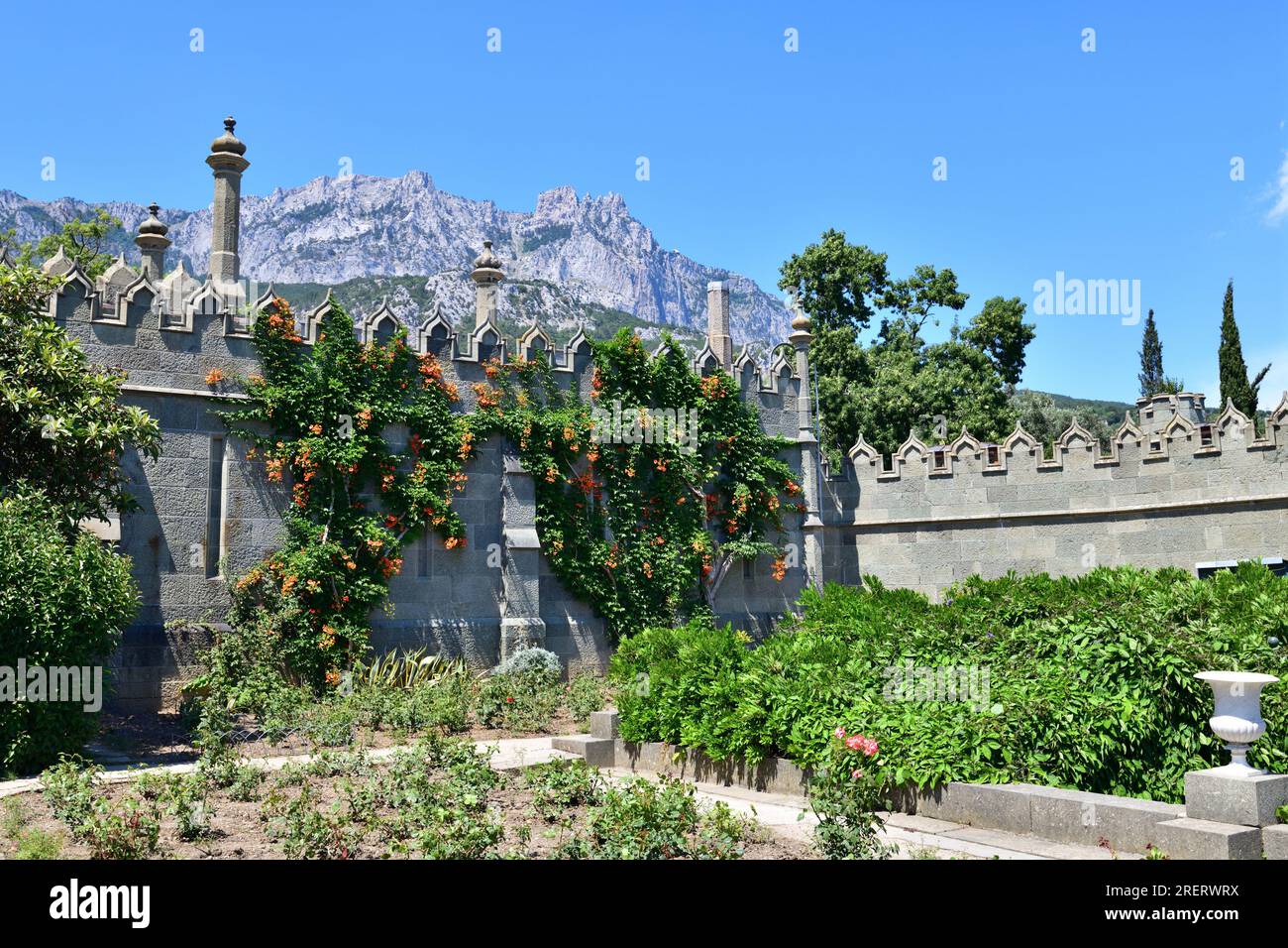 Alupka, Crimea - July 06. 2019. The wall of the Vorontsovsky Palace ...