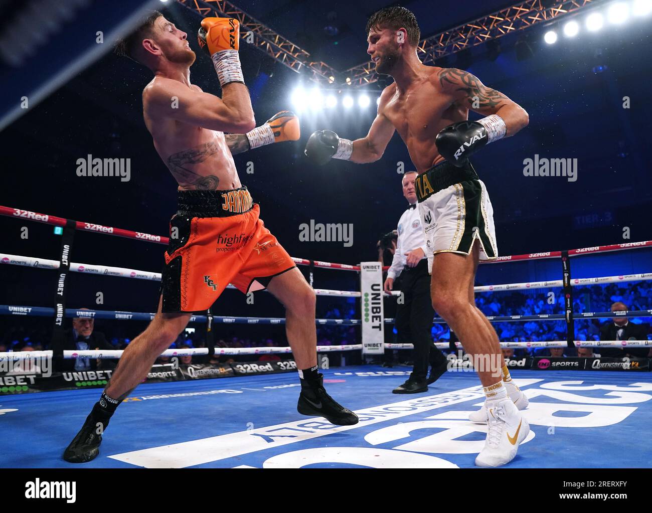 Eithan James (left) and James Moorcroft in the WBO European Welter ...