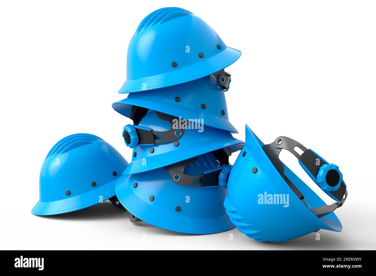 Heap of safety helmets or hard caps on white background. 3d render and ...