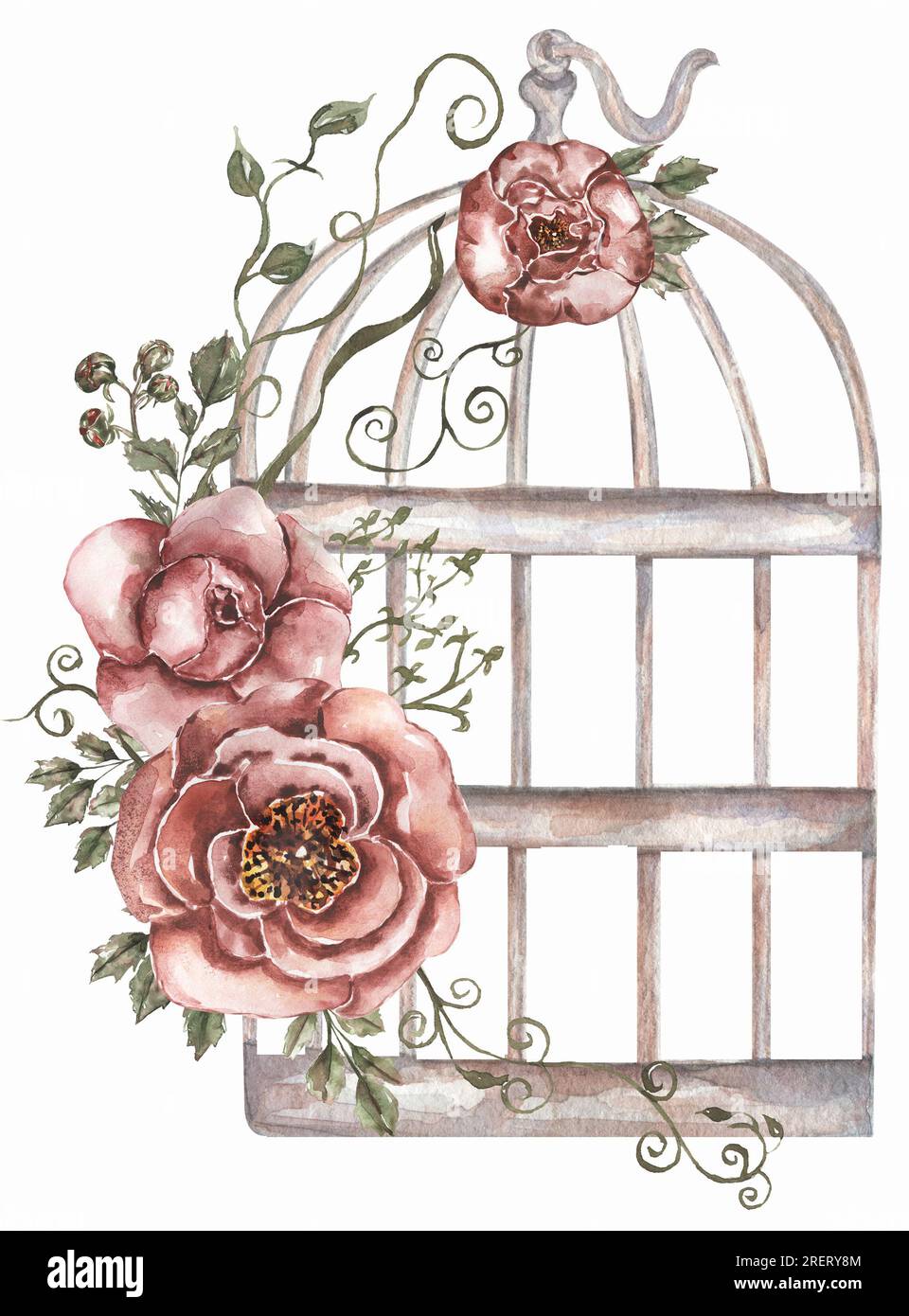 Hand painted watercolor rusty vintage bird cage with red roses flowers ...