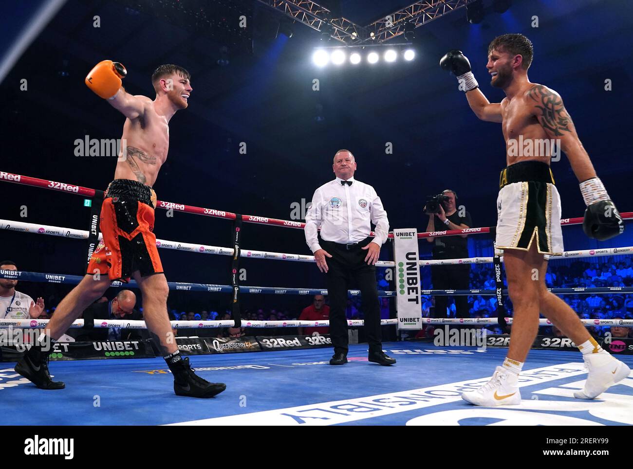 Eithan James (left) and James Moorcroft in the WBO European Welter ...