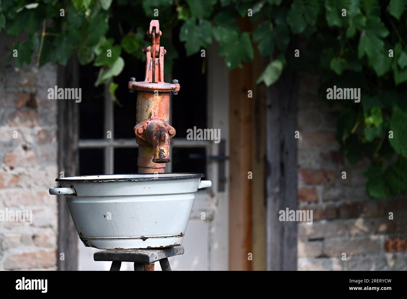 Rustic water pump with white metal basin and white door with grapevine ...