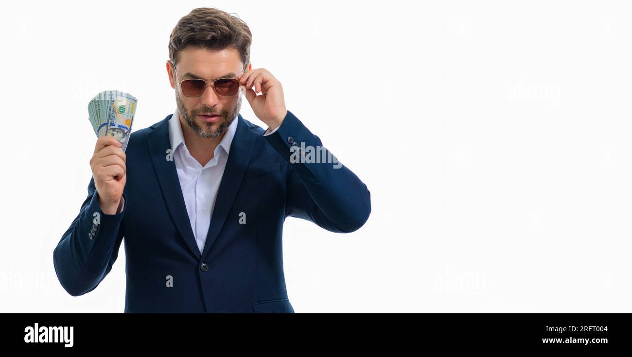 Portrait business man holding cash dollar bills on white. Big luck ...