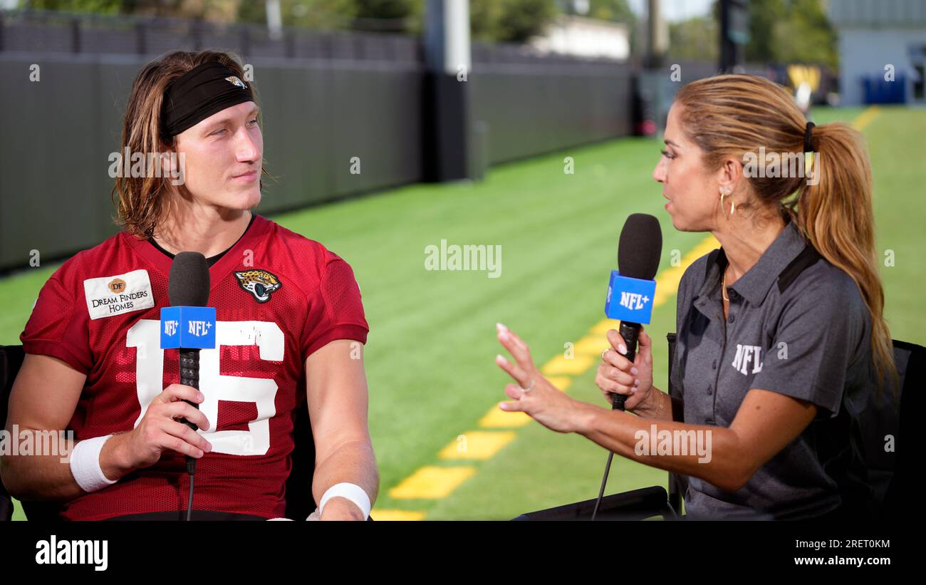 NFL Network sports commentator Sarah Walsh, right, interviews Jacksonville Jaguars quarterback ...