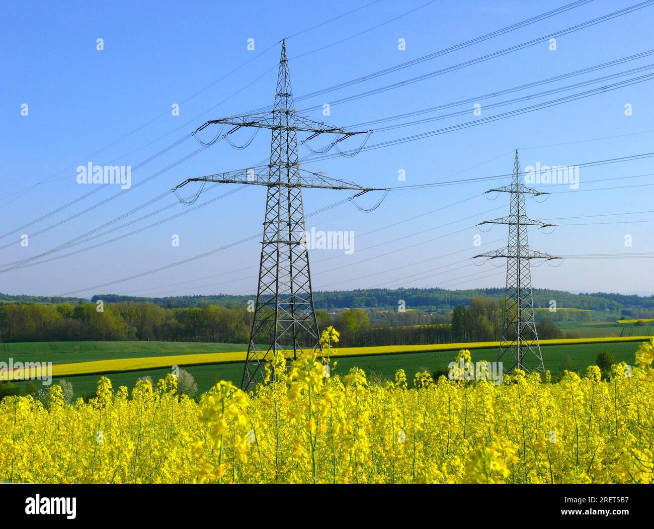 Power pylons, overhead line, rape field, field landscape in Kraichgau ...
