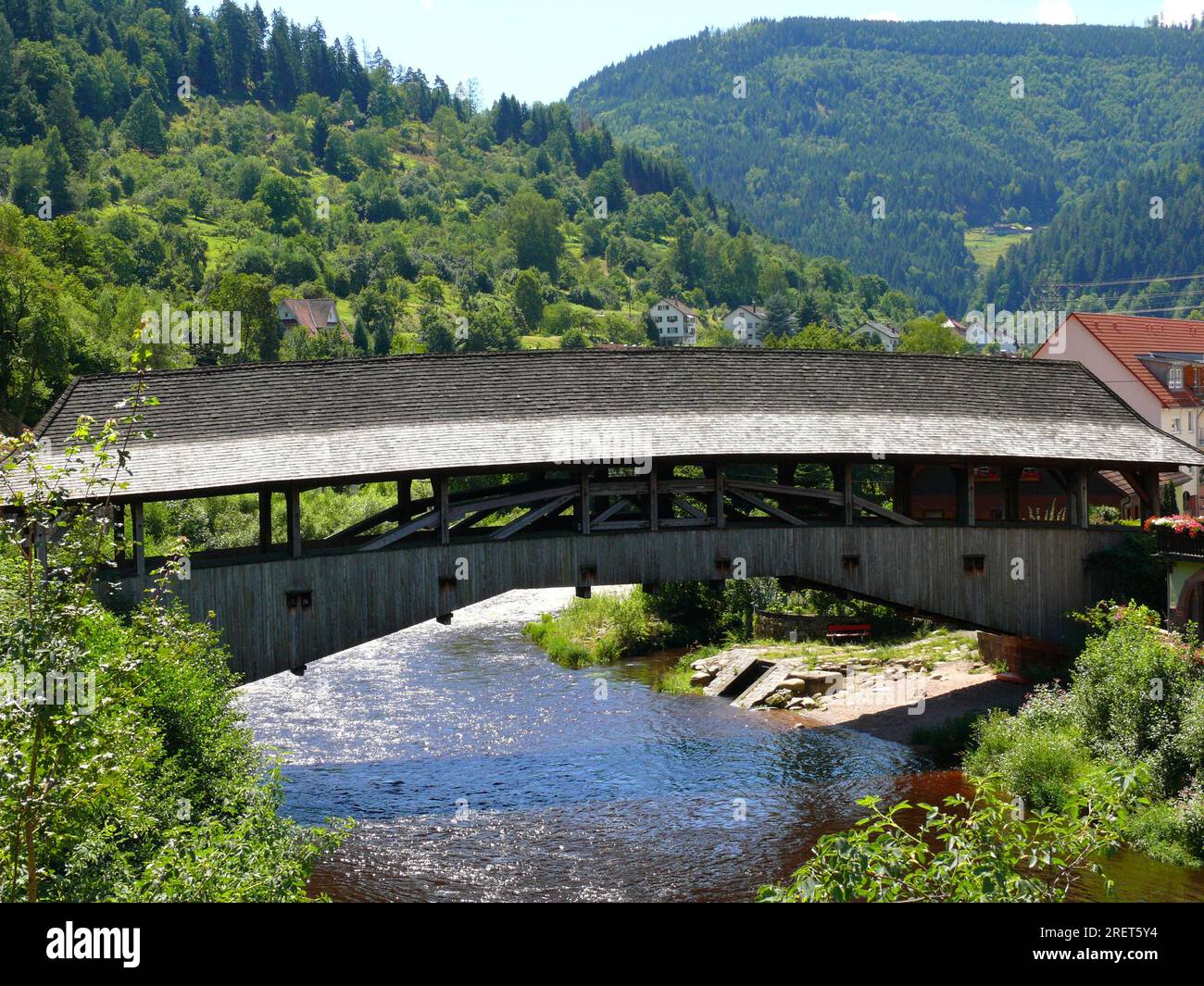 Northern Black Forest, Forbach, river, wooden bridge over the Murg ...