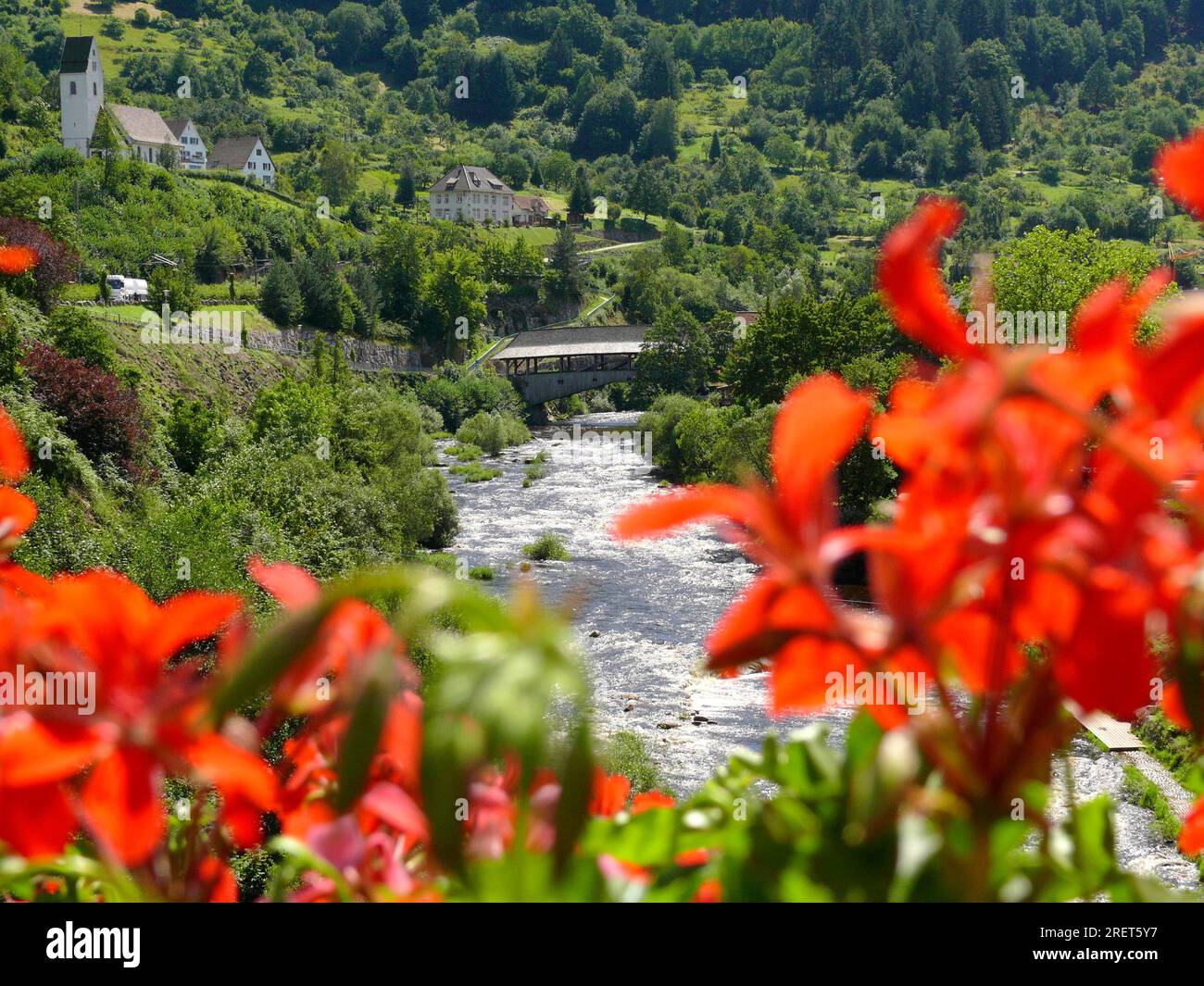 Northern Black Forest, Forbach, wooden bridge over the Murg Stock Photo ...