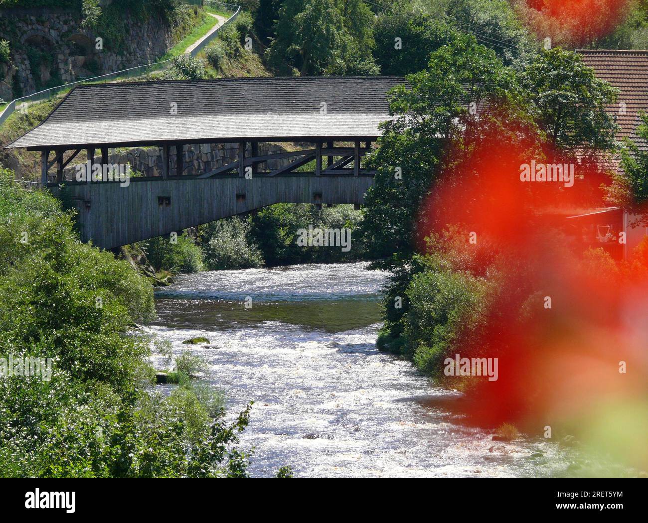 Northern Black Forest, Forbach, wooden bridge over the Murg Stock Photo ...