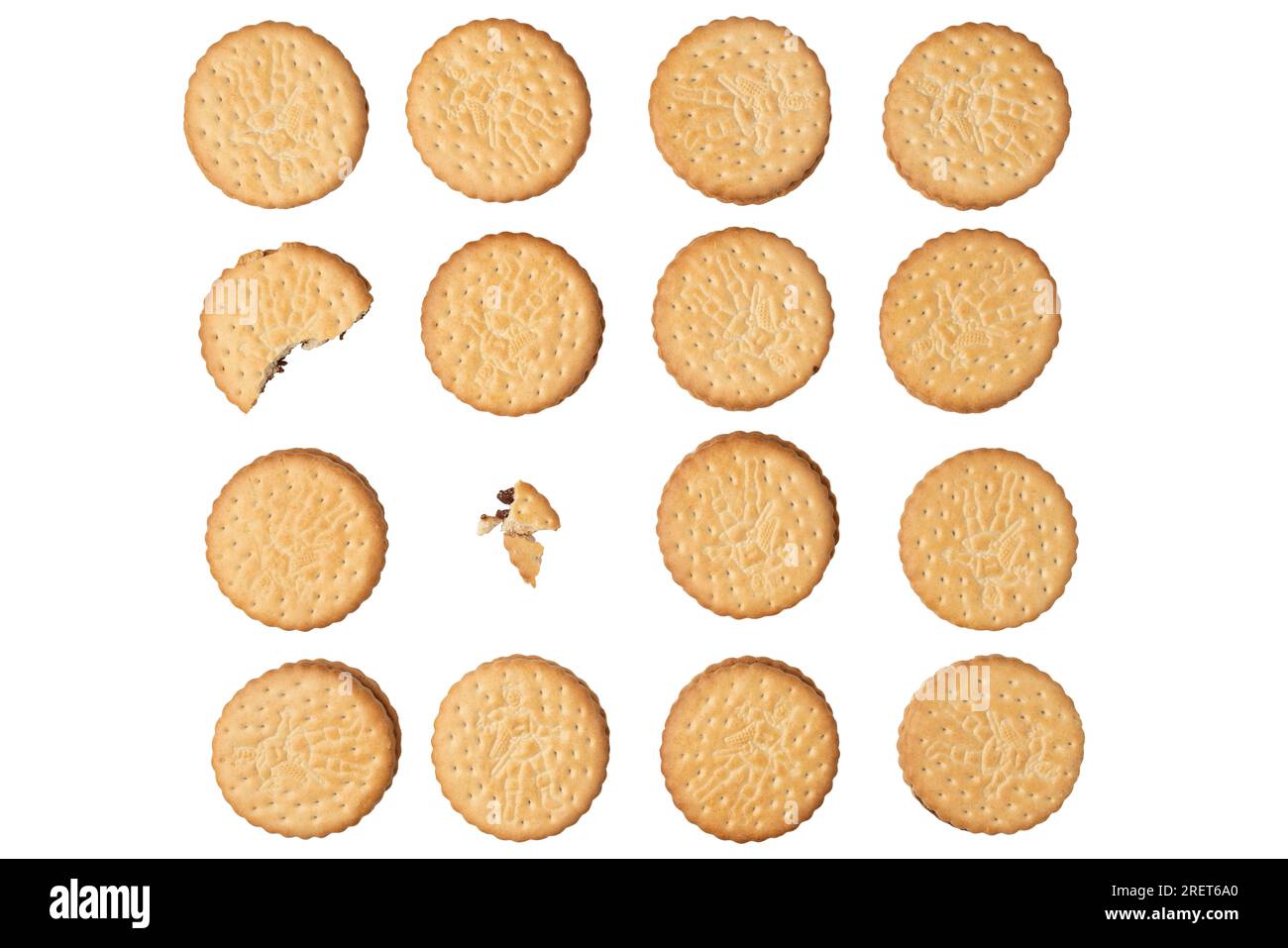 Double biscuits in rows, one bitten into, on white Stock Photo - Alamy