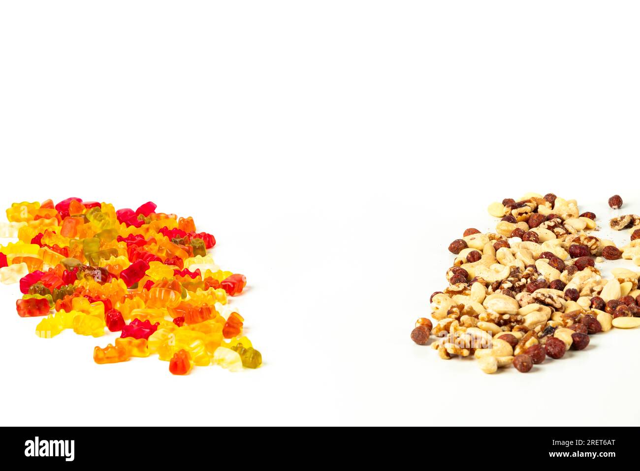 Comparison of unhealthy and healthy, gummy bears and various nuts, on ...