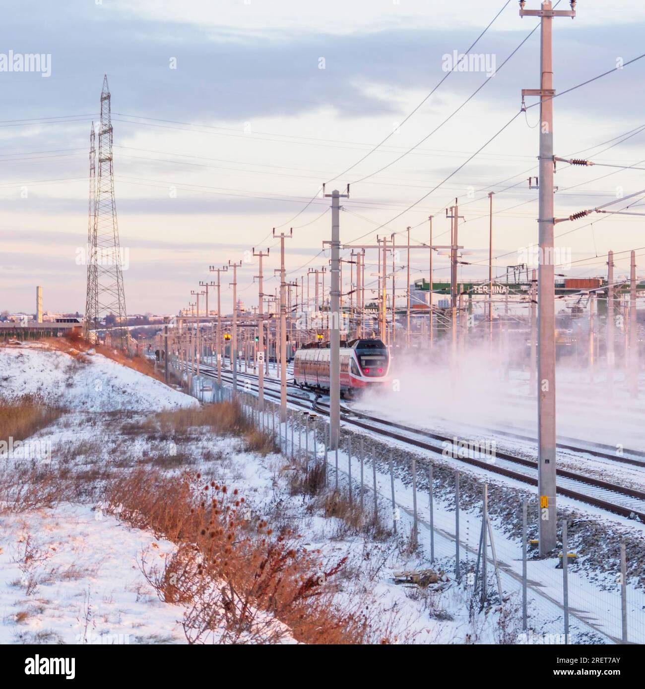 Train in winter drives through Stock Photo - Alamy