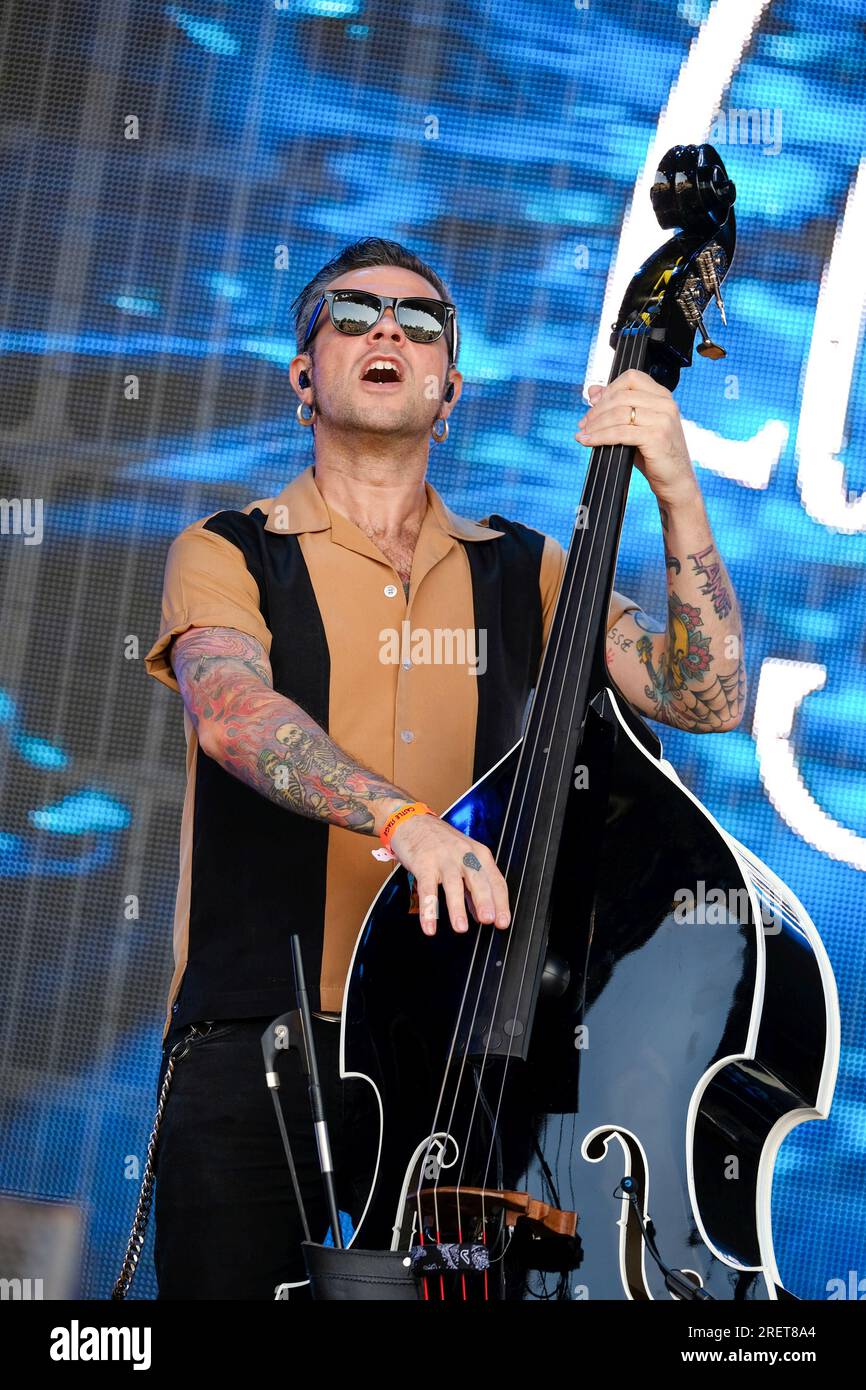 Lulworth, UK. 29th July, 2023. Tonino Adelini double bass player with ...