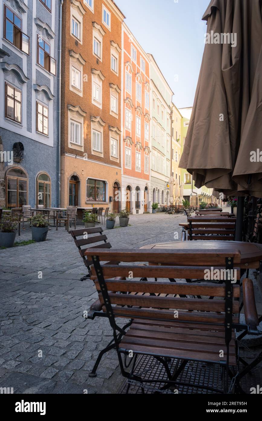 Linz, Austria: Street view with colorful historical buildings in the ...