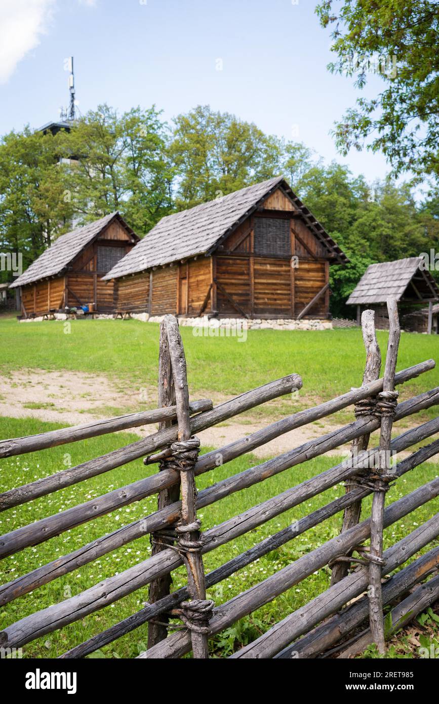 Wooden Celtic dwelling on meadow under the forest Stock Photo - Alamy