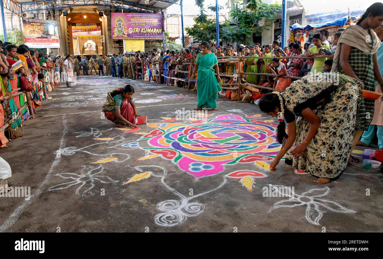 Kolam or Rangoli in front of Kapaleeswarar temple during festival in ...