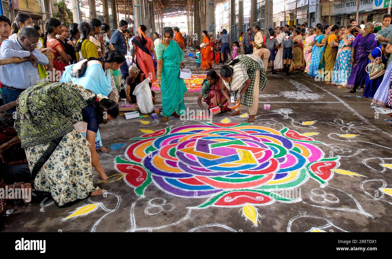 Kolam or Rangoli in front of Kapaleeswarar temple during festival in ...