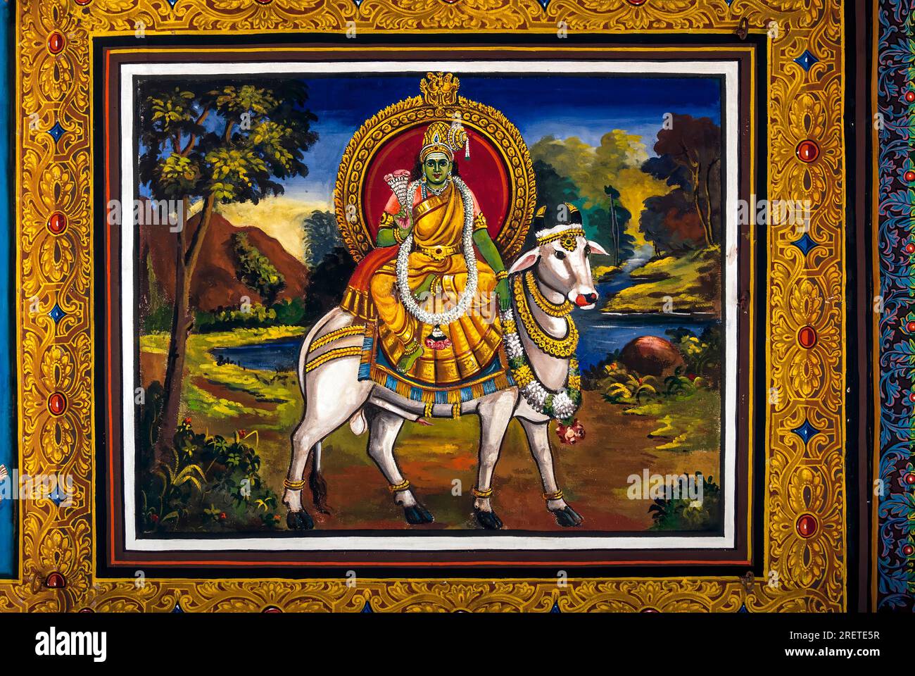 Goddess Devi sitting on Kamadhenu cow, Paintings murals on temple ...