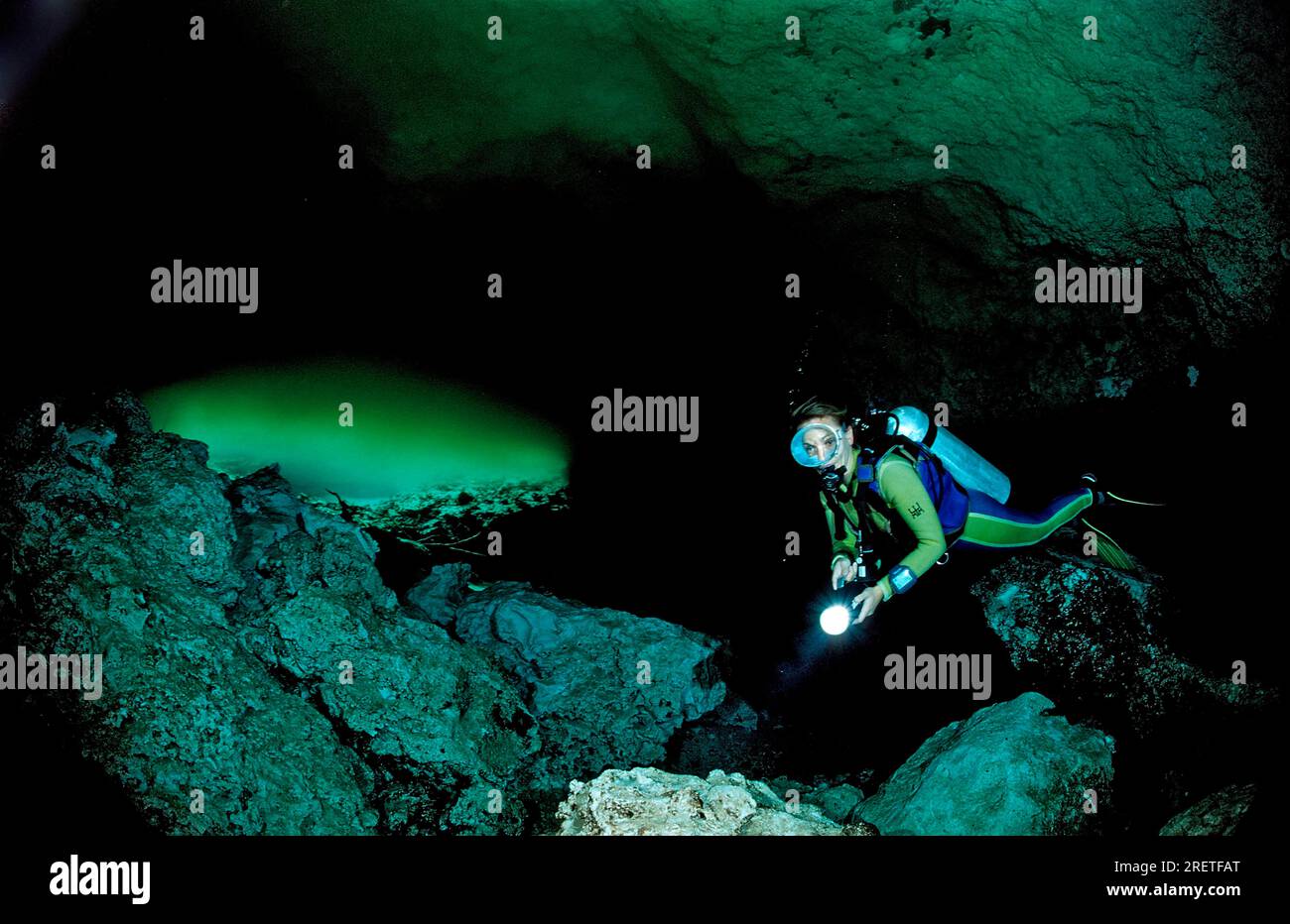 Diver in underwater cave Laguna Pepe, Punta Cana, underwater cave ...