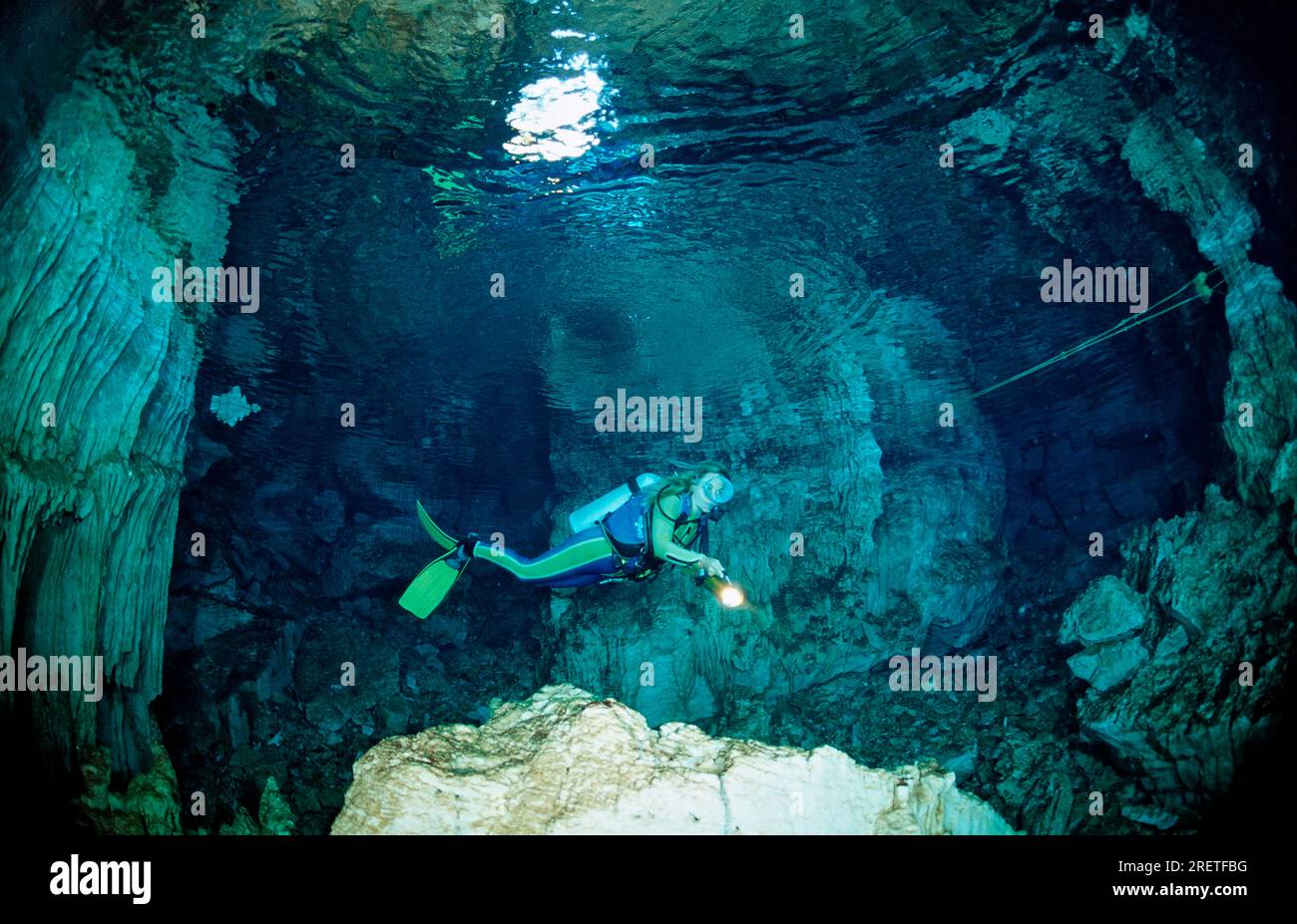 Diver in underwater cave Cueva Taina, Punta Cana, underwater cave ...