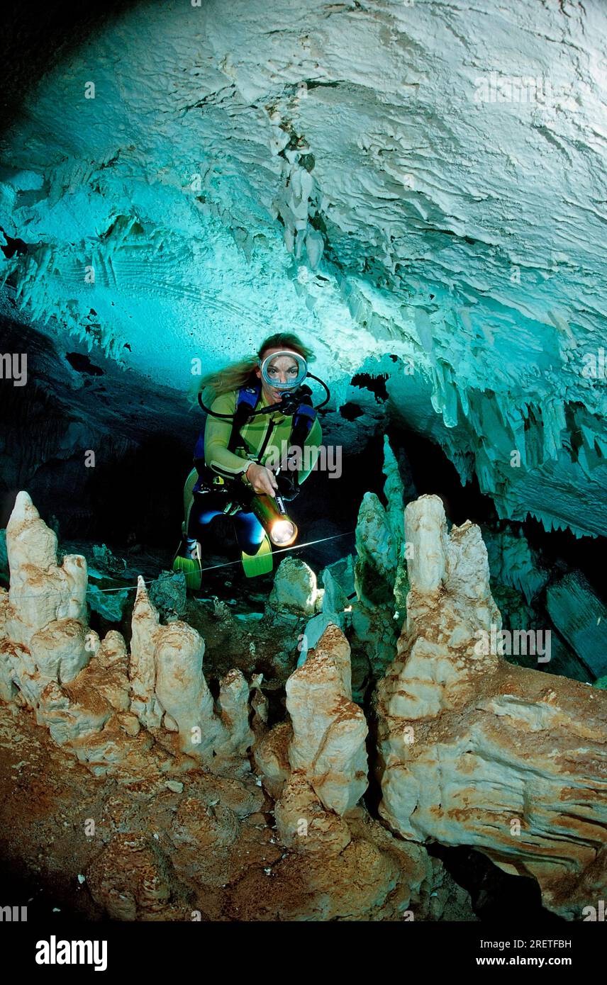 Diver in underwater cave Cueva Taina, Punta Cana, underwater cave ...